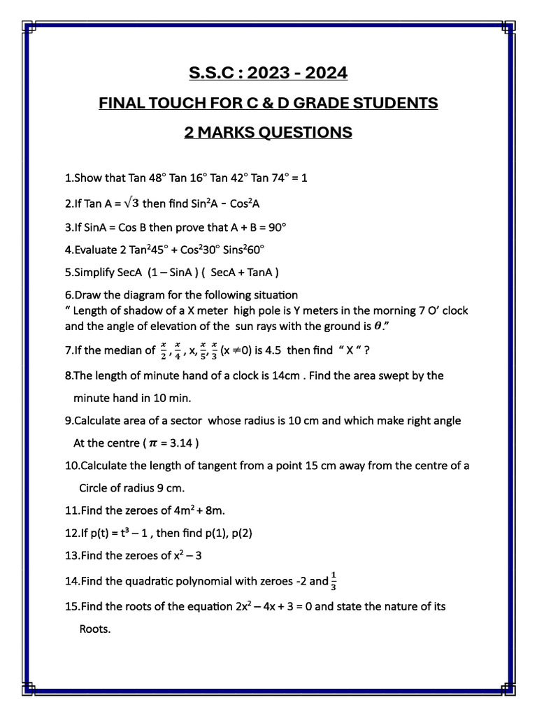 10th Maths - 2 Mark (C, D Grade) | PDF | Triangle | Sphere