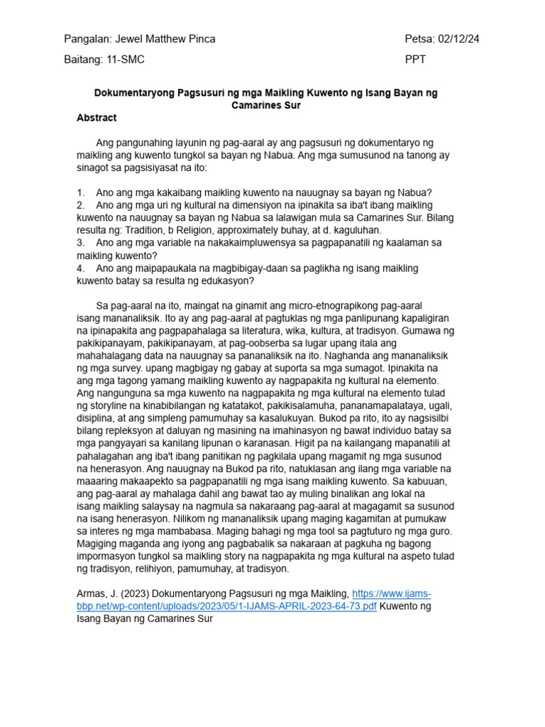 Dokumentaryong Pagsusuri NG Mga Maikling Kuwento NG Isang Bayan NG ...