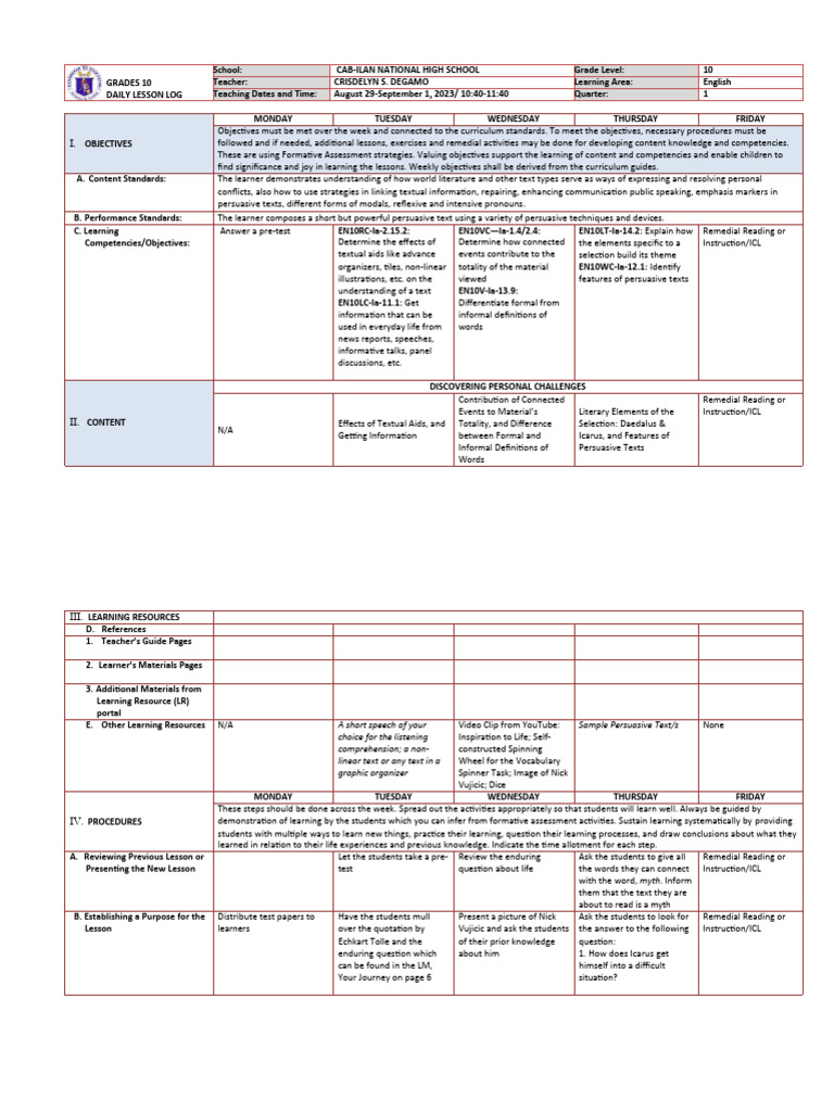 DLL G10 Q1-W7 | PDF | Learning | Curriculum