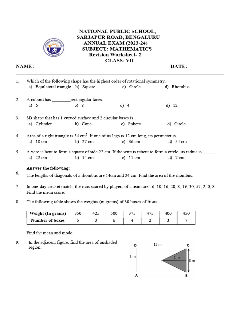 Grade 7 Math AE - Revision Worksheet 2 | PDF | Science & Mathematics