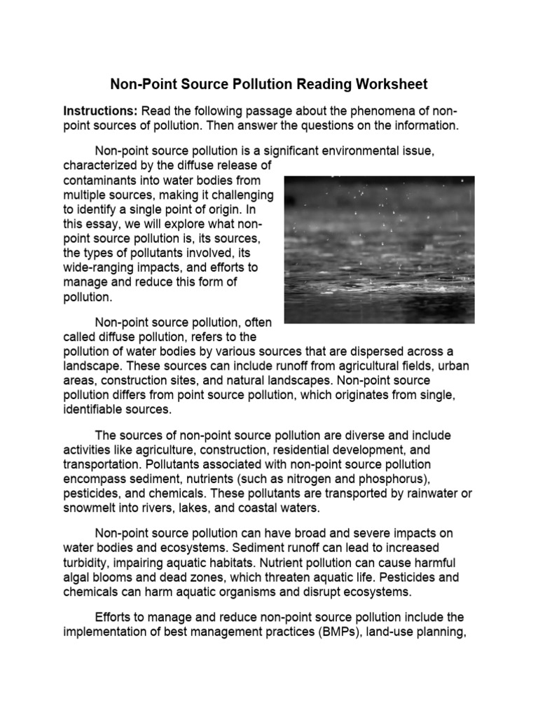 Non-Point Source Pollution Reading Worksheet: Instructions: Read The ...