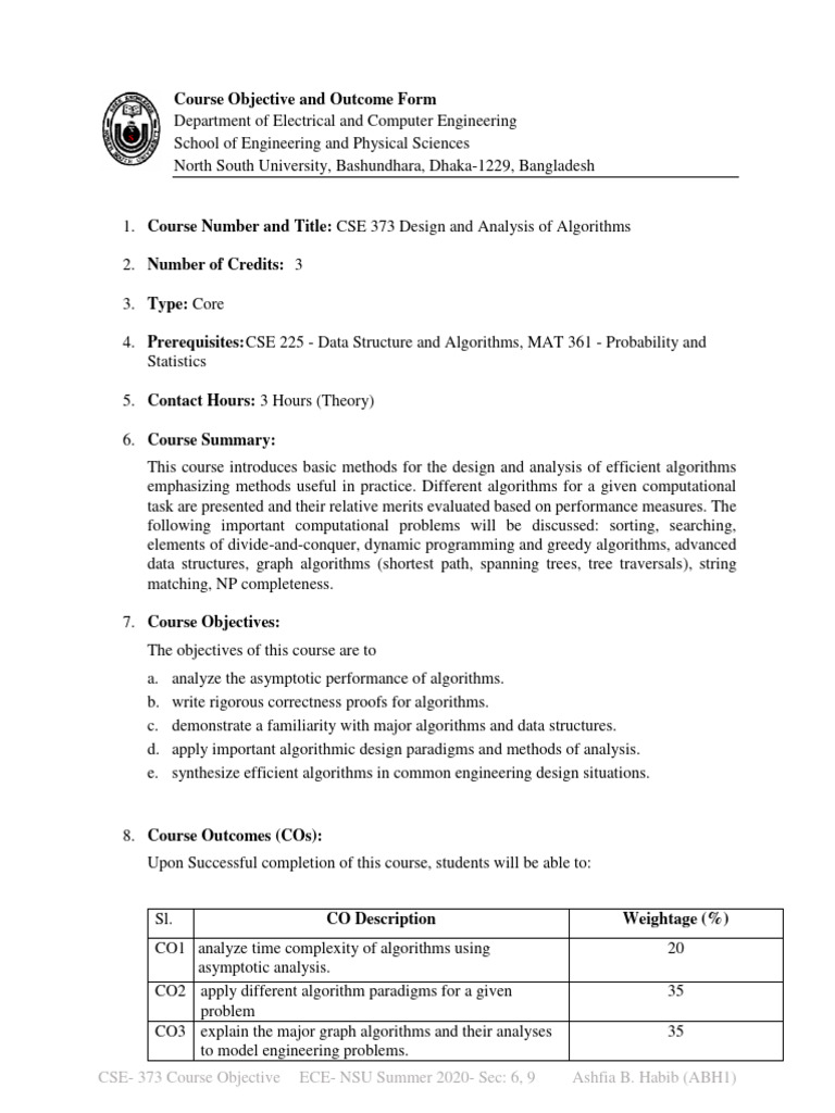 CSE 373 - Course Objective and Outcome Form - Sec 6,9 | Download Free PDF | Algorithms | Analysis