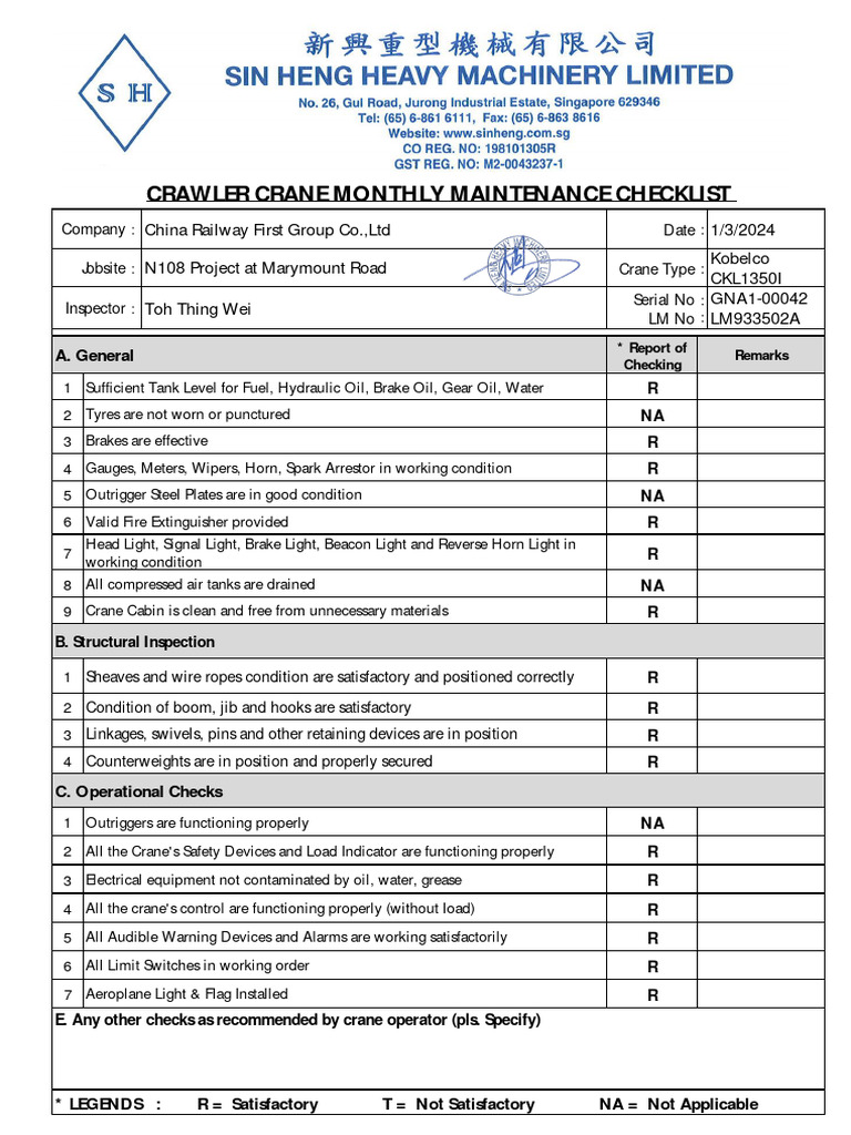 Crane Maintenance Checklist | PDF | Crane (Machine) | Manufactured Goods