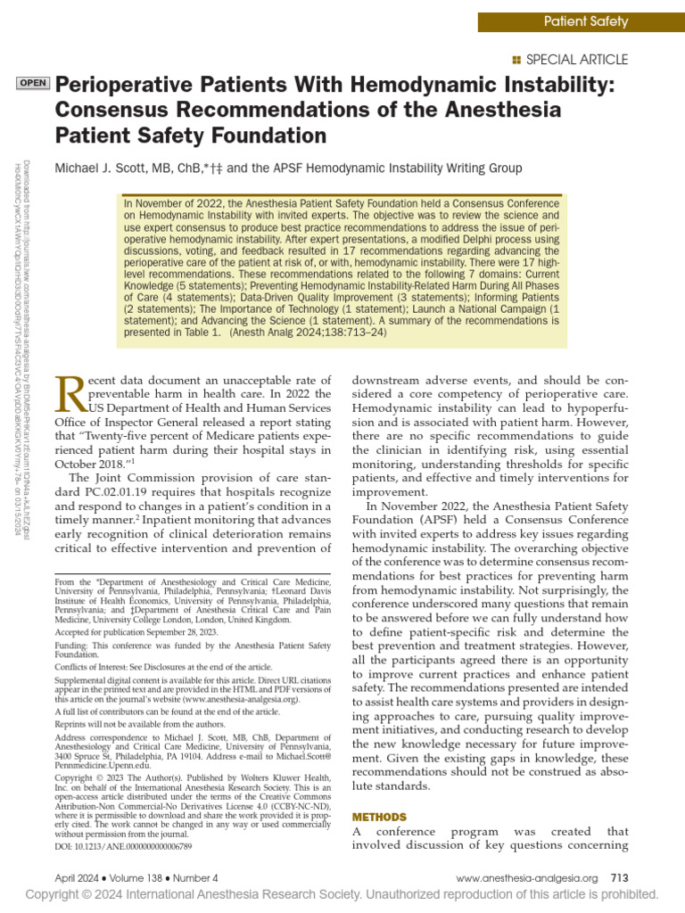 24 Periop Hemodynamic Instability, Consensus, APSF | PDF | Blood ...
