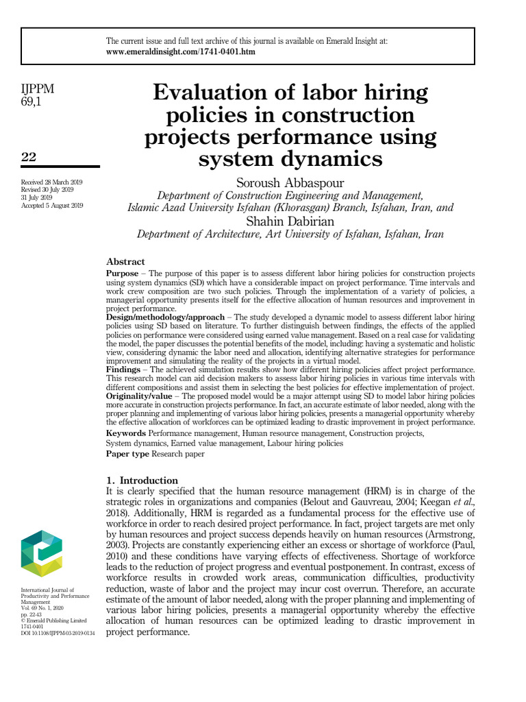 Evaluation of Labor Hiring Policies in Construction Projects ...