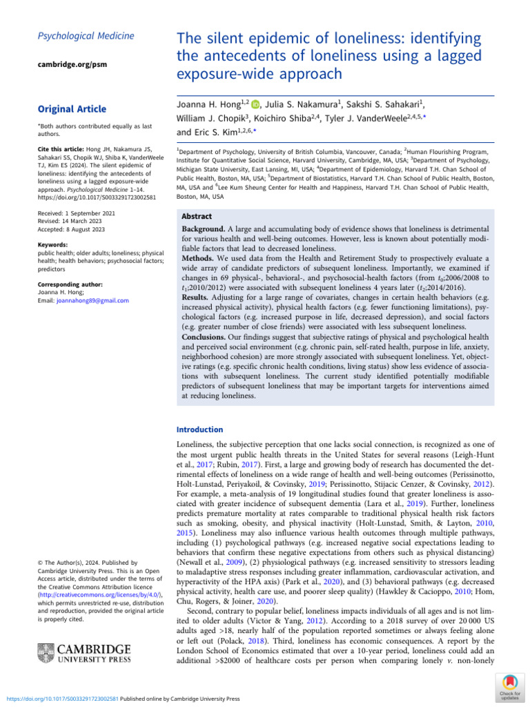 The Silent Epidemic of Loneliness Identi | PDF | Loneliness | Dependent ...
