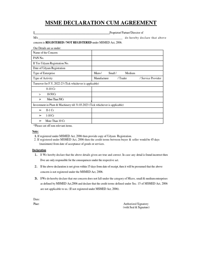 MSMS Declaration Cum Agreement | PDF