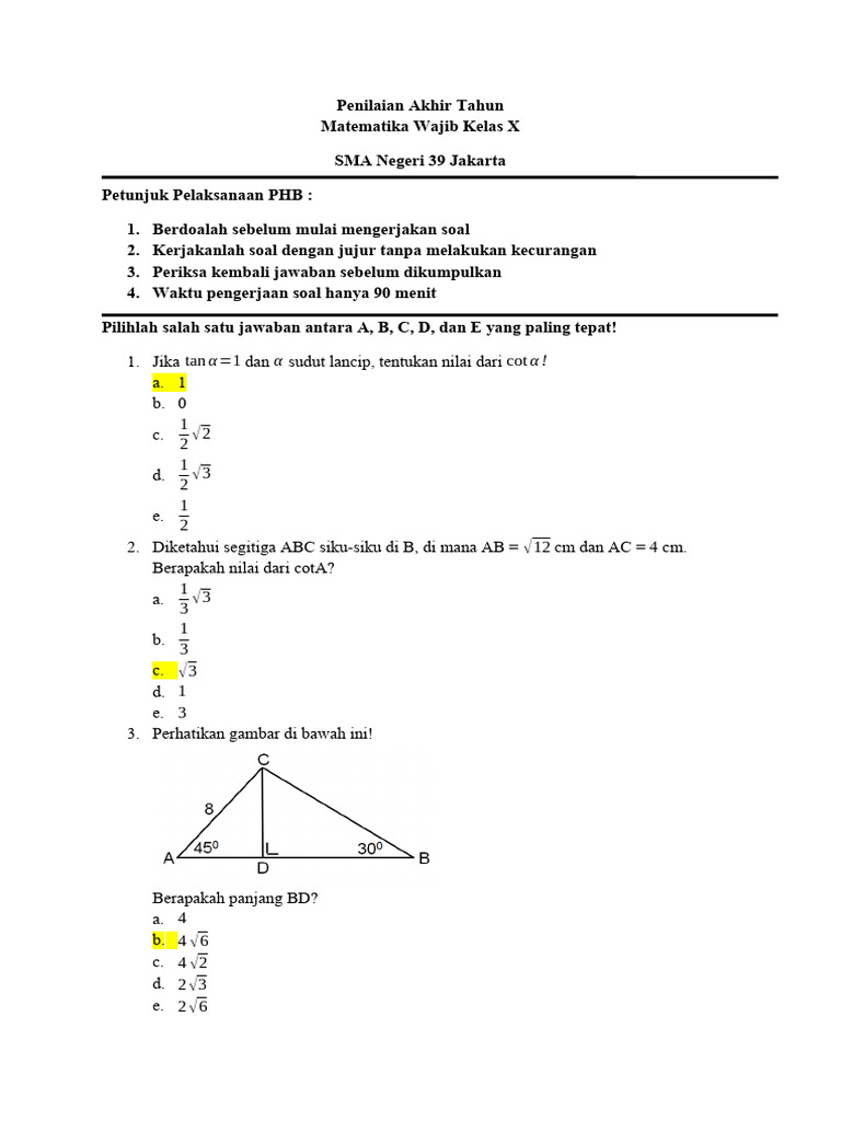 Soal PAT Matematika Wajib Kelas X | PDF