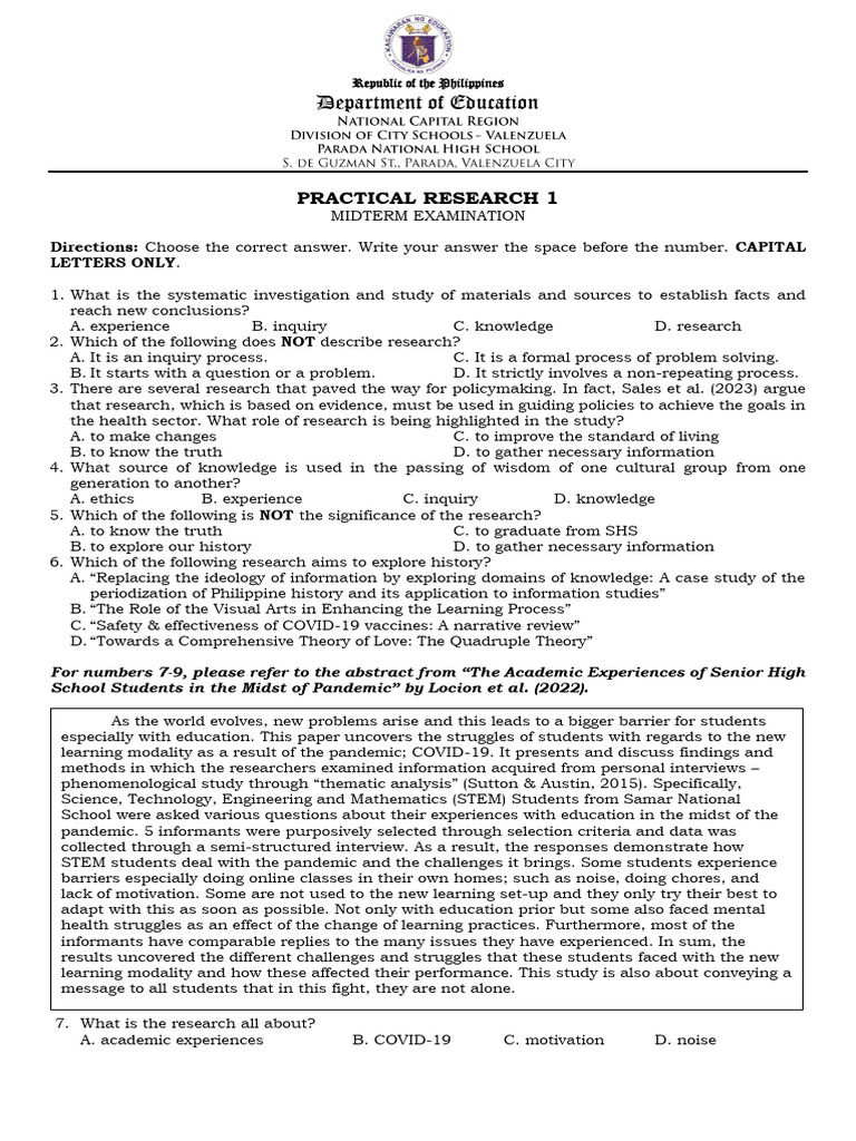 Practical Research 1 Midterm Exam Guide | PDF | Qualitative Research ...