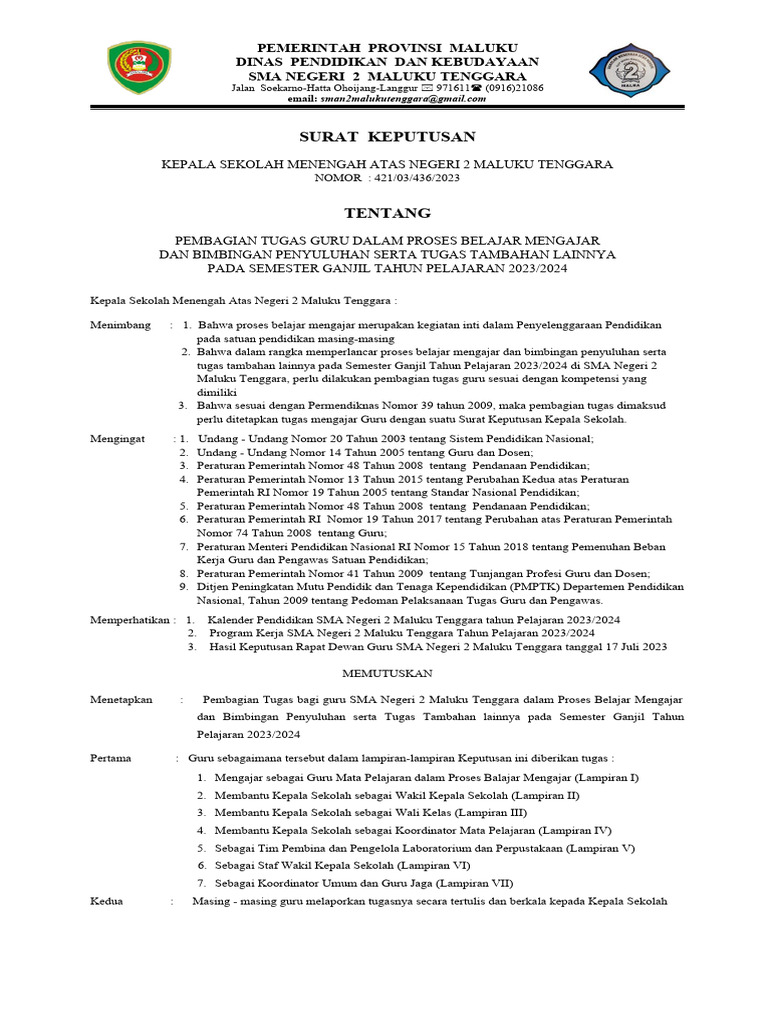 SK Beban Kinerja & Tugas Tambahan Guru Sem Ganjil 2022-2023 | PDF