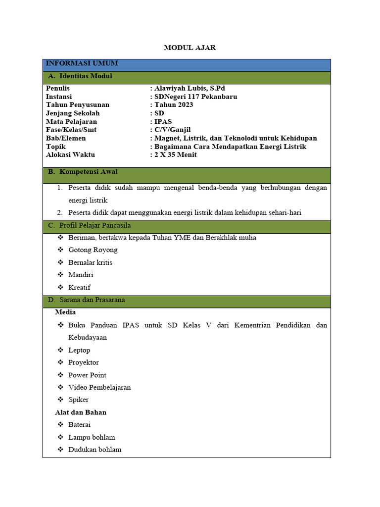 Modul Ajar Listrik Kelas 5 SD | PDF