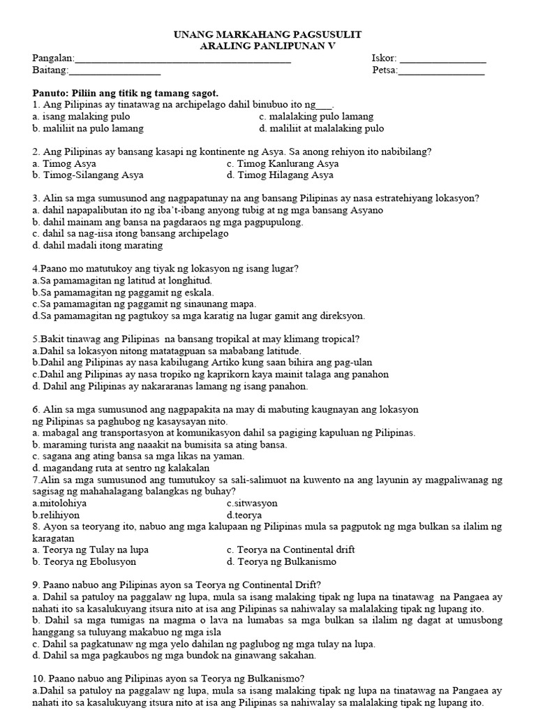 1st PT AP Grade 5 | PDF