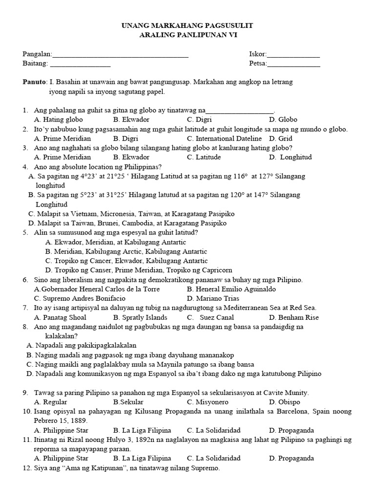 1st PT AP Grade 6 | PDF