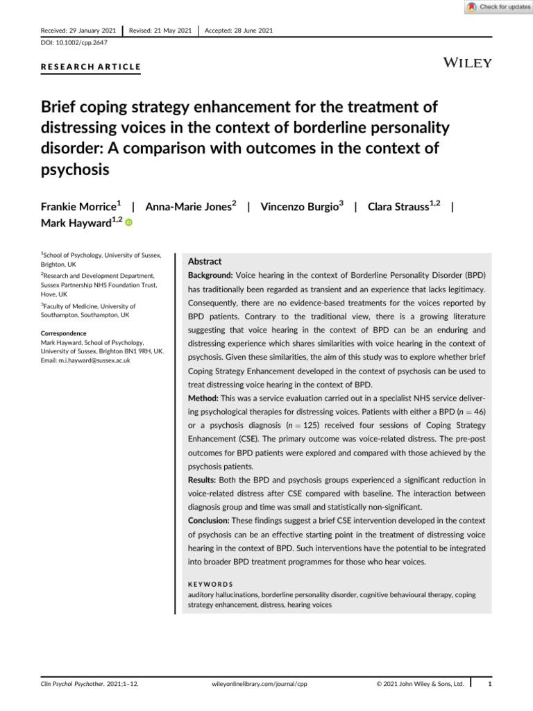 Brief Coping Strategy Enhancement For The Treatment of Distressing ...