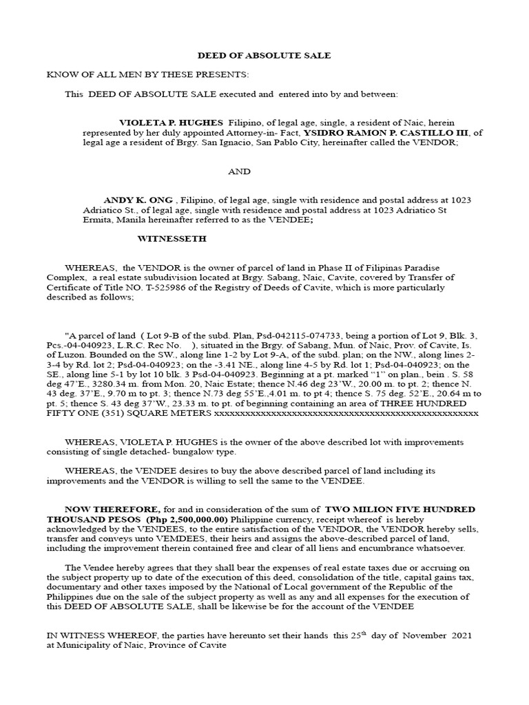 Deed of Absolute Sale - All Expenses Acct of The Vendee | PDF | Real Property Law | Property Law