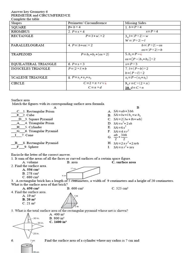 Answer Key Geometry 6 | Download Free PDF | Area | Geometry