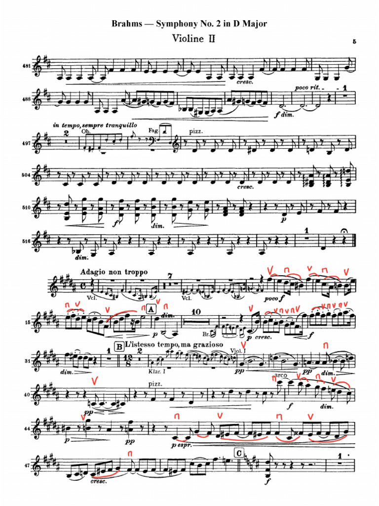 Brahms Symphony 2 - Violin 2 Bowing Movements 2-4 | PDF