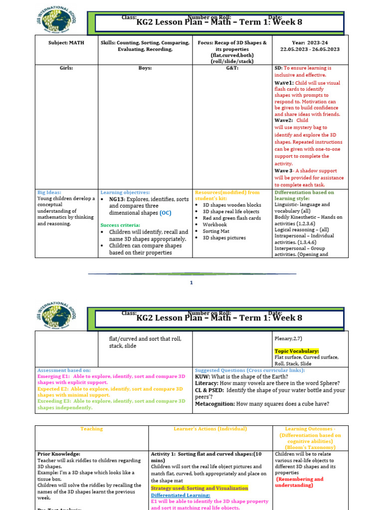 KG2 Math Lesson: 3D Shapes Week 8 | PDF | Learning | Lesson Plan