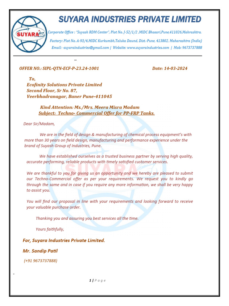 Quotation For PP FRP Tanks Ecofinity March 2024 | PDF | Fiberglass ...