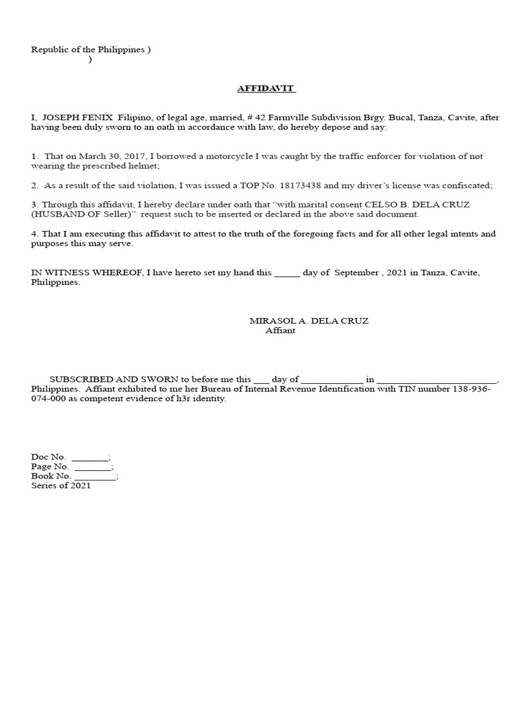 AFFIDAVIT Not Wearing Helmet | PDF