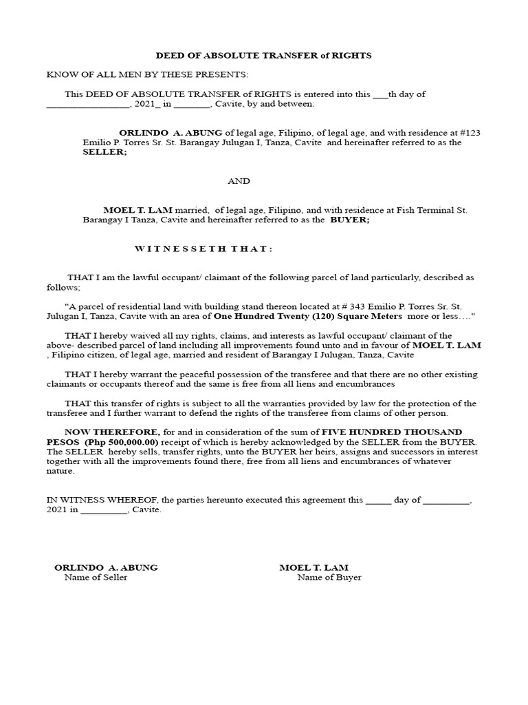 DEED OF ABSOLUTE TRANSFER OF RIGHTS - Joel T. Lim | PDF | Natural ...