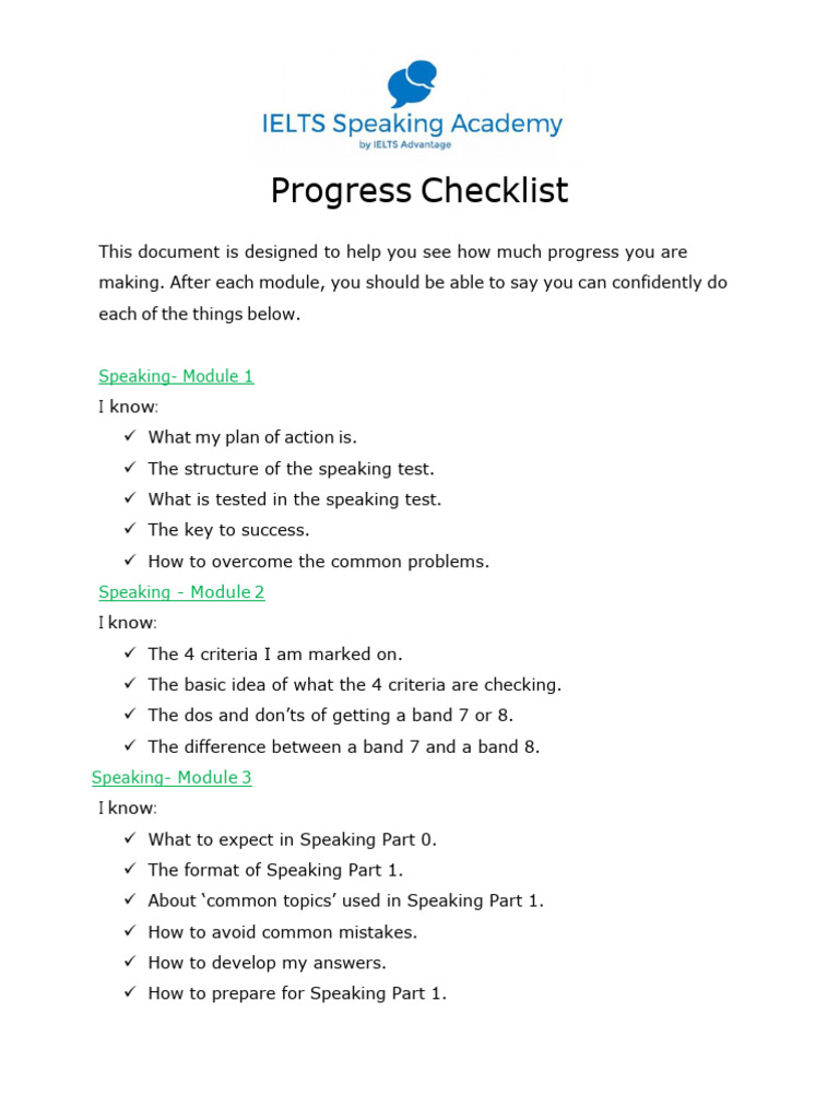 Speaking Test Progress Checklist | PDF | Fluency | Grammar