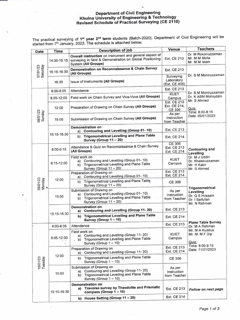 CE 2110 Practical Surveying Schedule | PDF