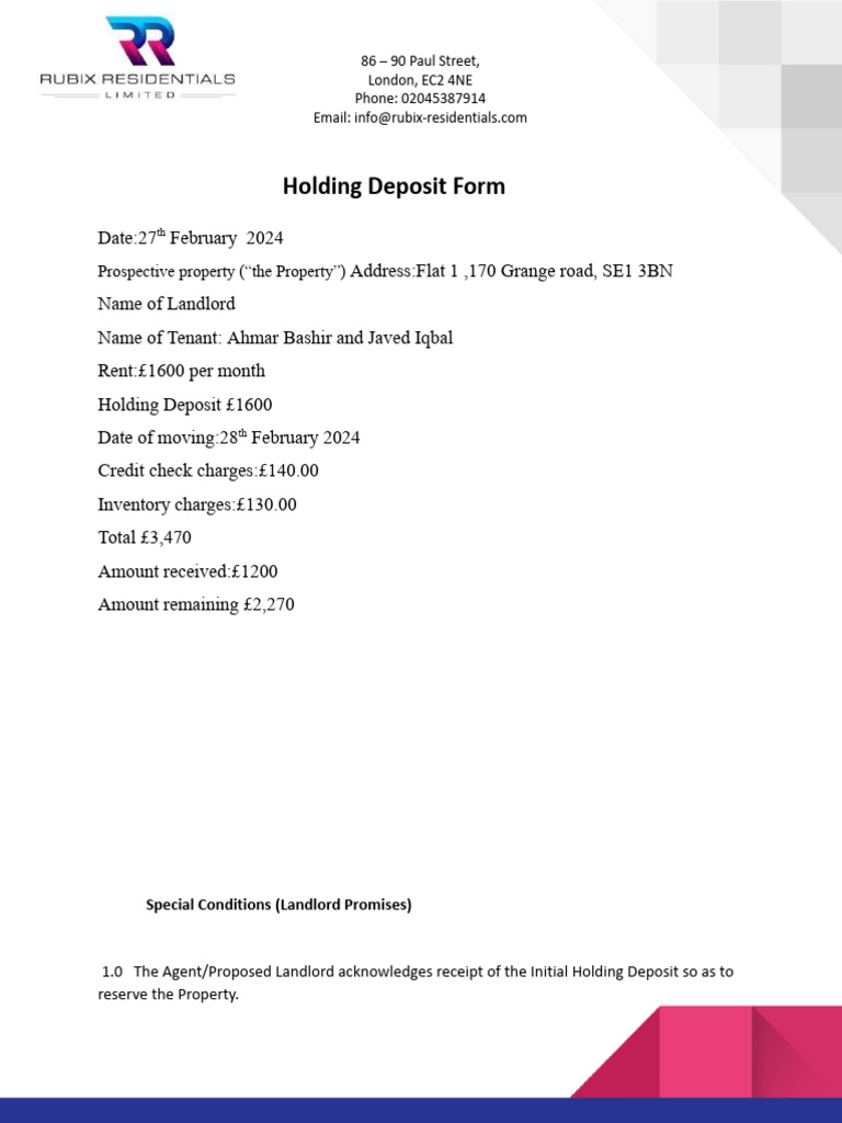 Holding Deposit Form - Flat 1 Grange | PDF | Leasehold Estate | Lease