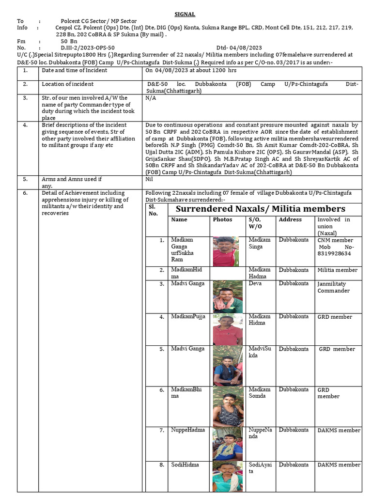50 BN SPL Sitrep On 04-08-2023 - (Surrender) | PDF | National Security