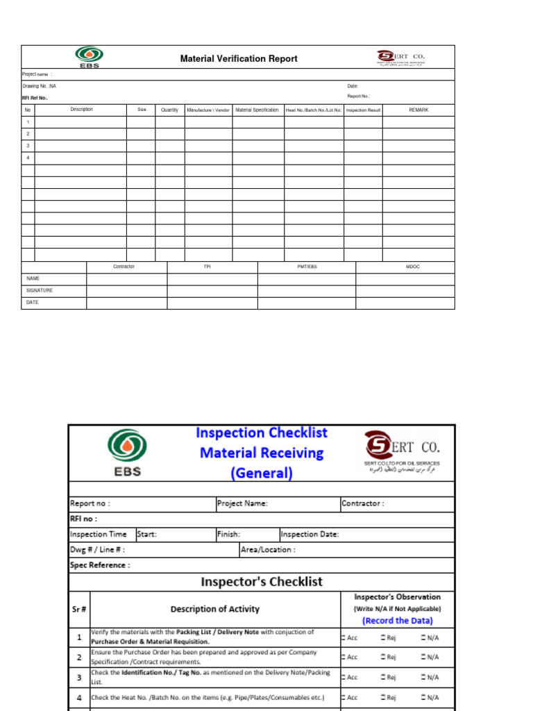 Material Inspection Check List | PDF | Specification (Technical Standard)