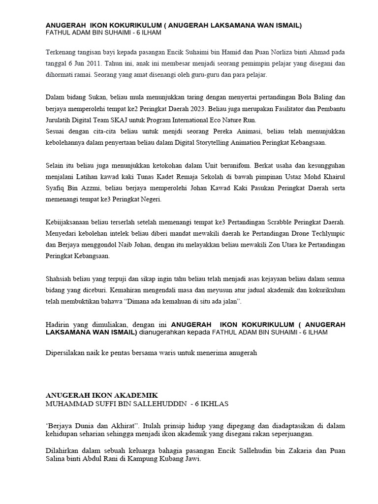 Anugerah Ikon Kokurikulum | PDF