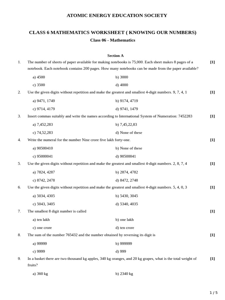 Class 6 Mathematics Worksheet - Knowing Our Numbers | PDF