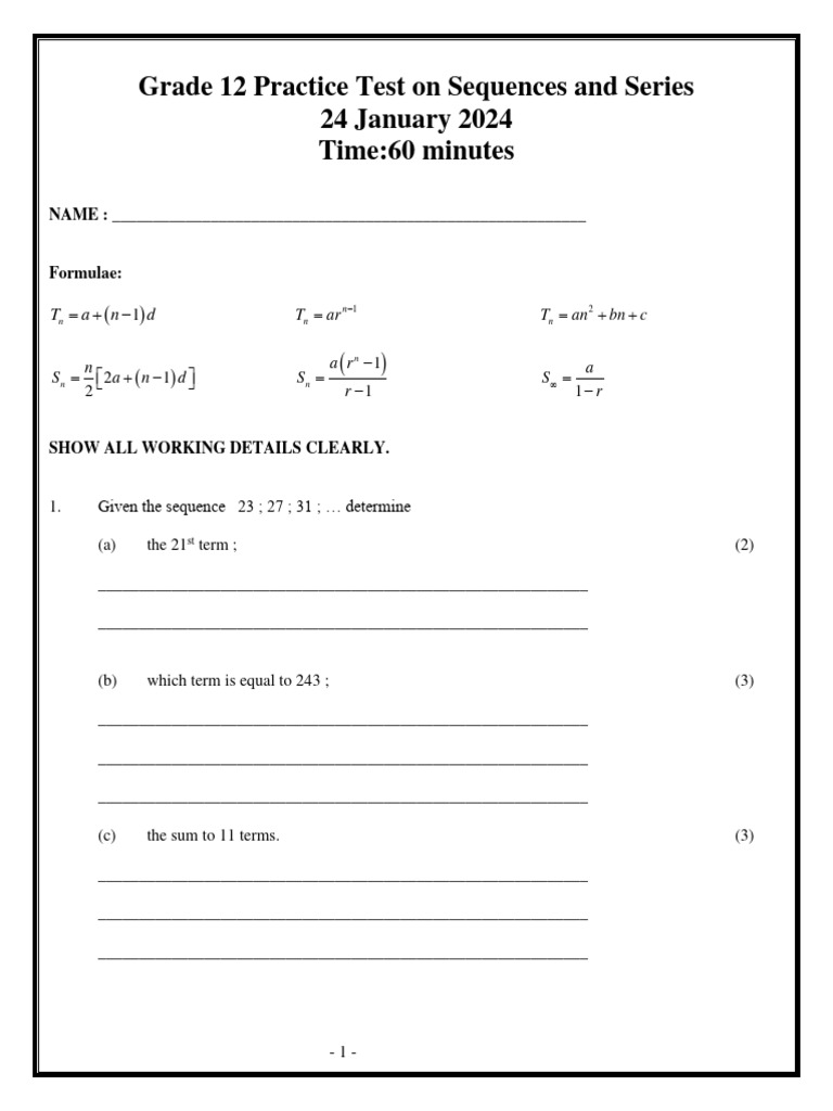 GR 12 Test Sequences and Series | PDF | Mathematics | Mathematical Analysis
