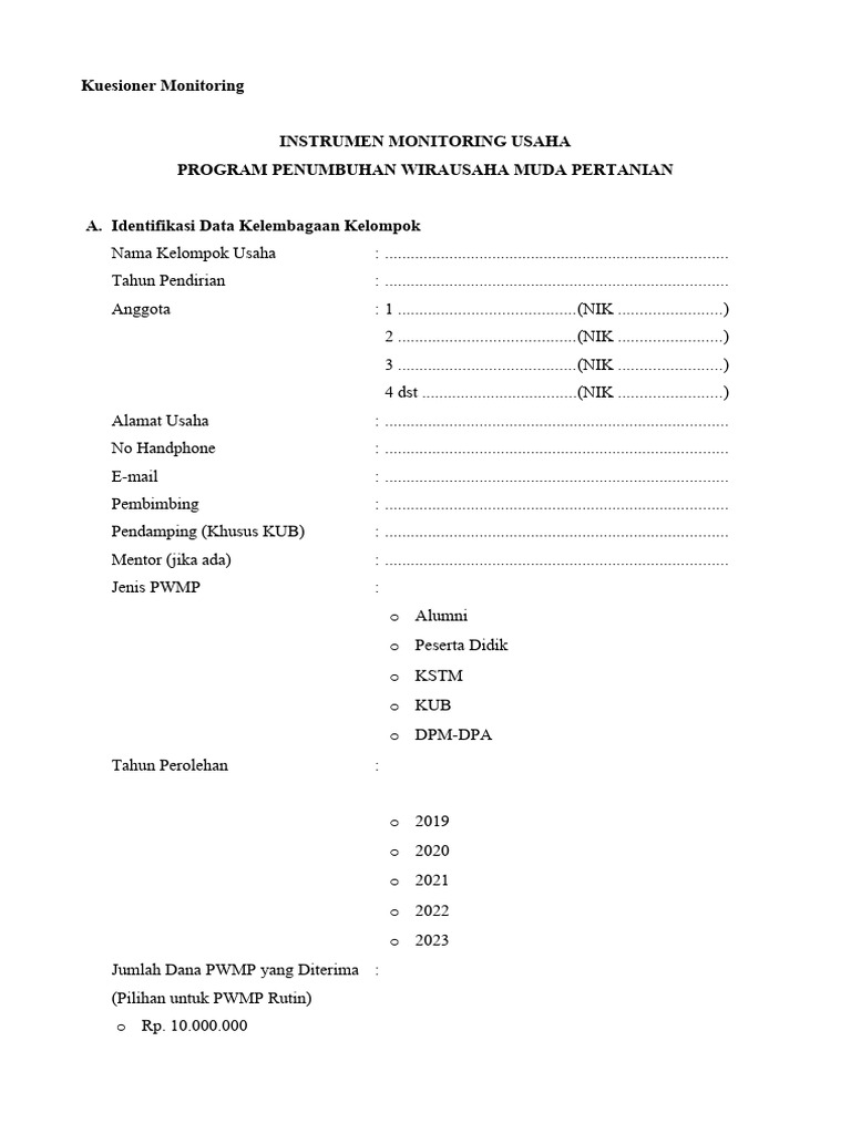 Kuesioner Monitoring PWMP, KSTM (Konsep) | PDF