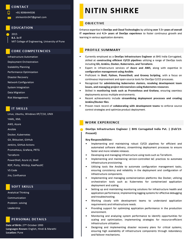 Nitin Shirke: DevOps Engineer Profile | PDF | Version Control | Automation