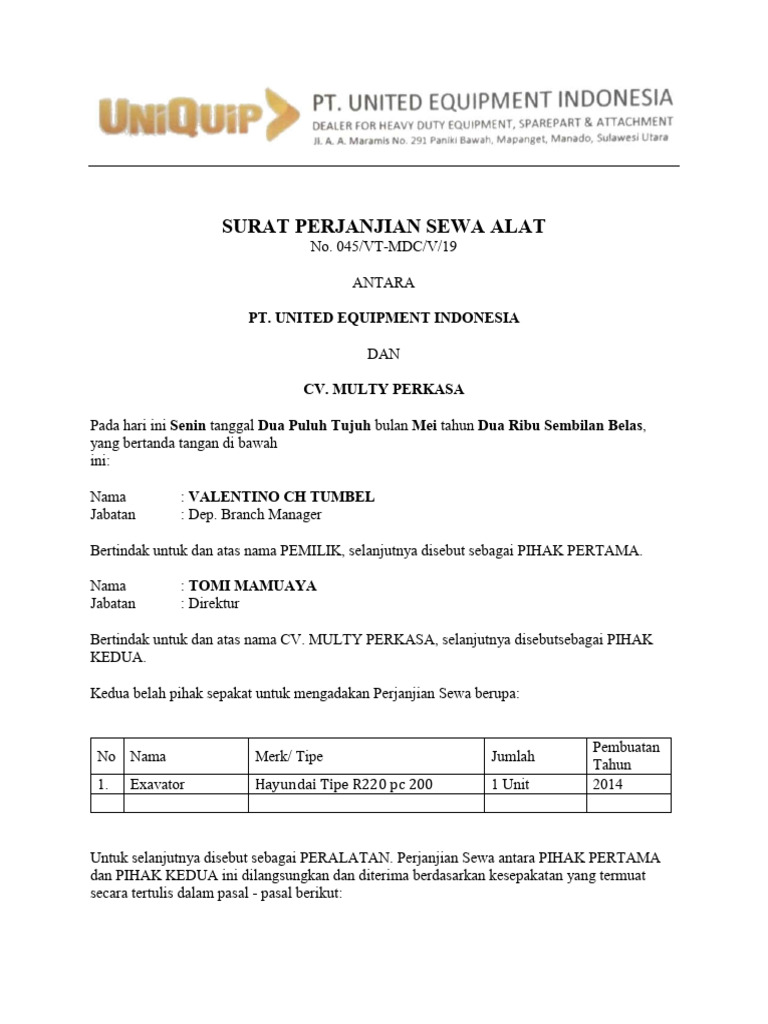 Perjanjian Sewa Alat Excavator | PDF