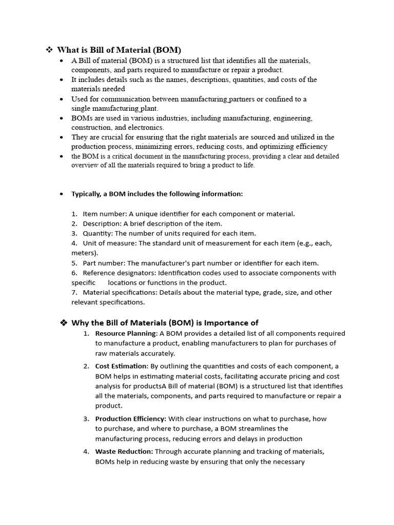 Bill Of material (BOM) | PDF | Product (Business) | Supply Chain