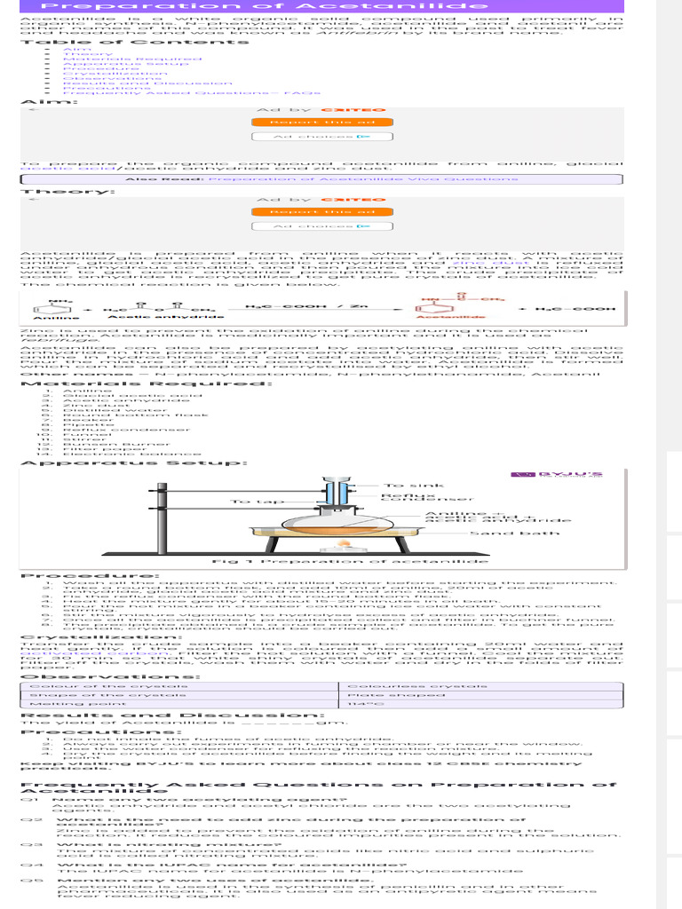 Preparation of Acetanilide - Chemistry Practicals Class 12 | PDF ...