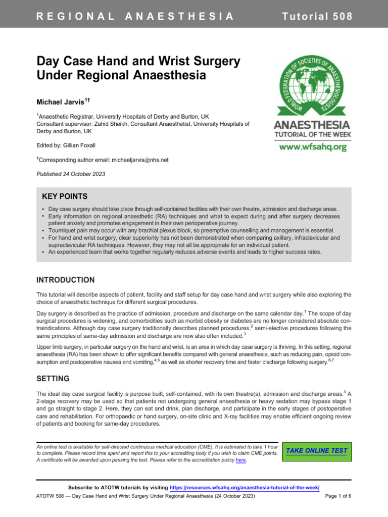 Day Case Hand and Wrist Surgery Under Regional Anaesthesia - WFSA | PDF ...