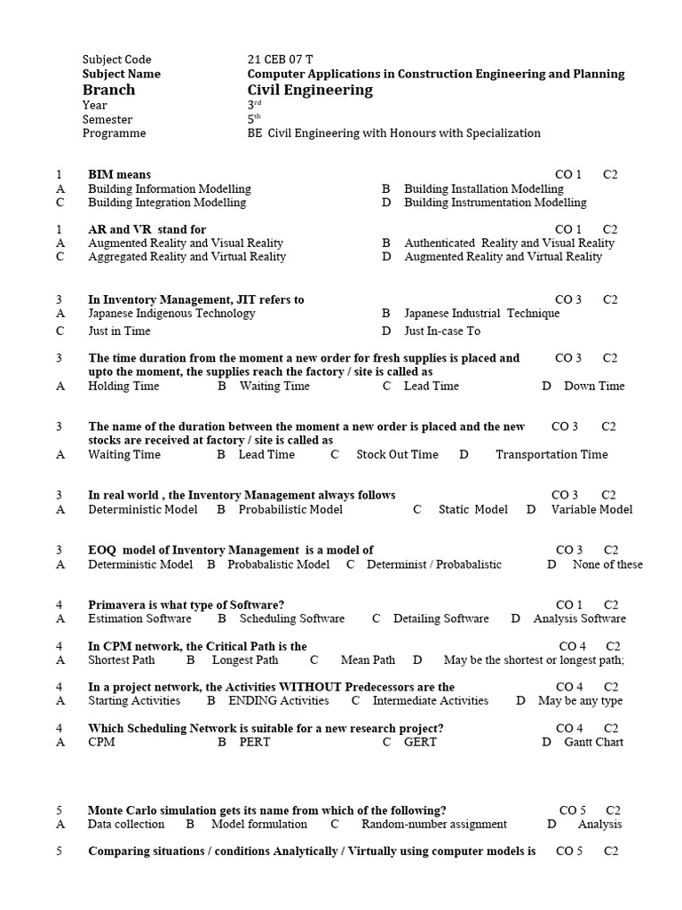 CACEP Question Bank | PDF | Simulation | Building Information Modeling