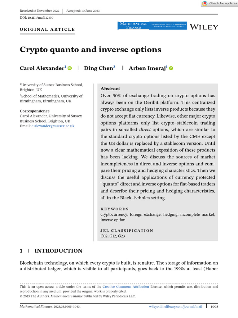 Mathematical Finance - 2023 - Alexander - Crypto Quanto and Inverse Options | PDF ...