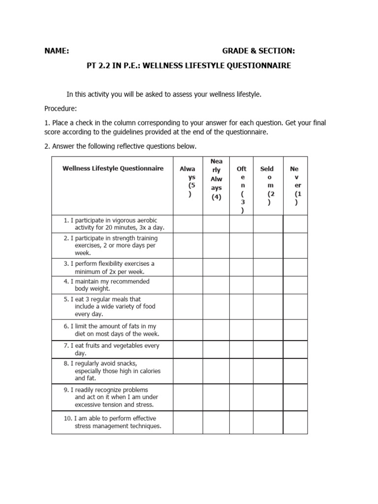 Wellness Lifestyle Questionnaire WS 1.1 | PDF | Psychology ...