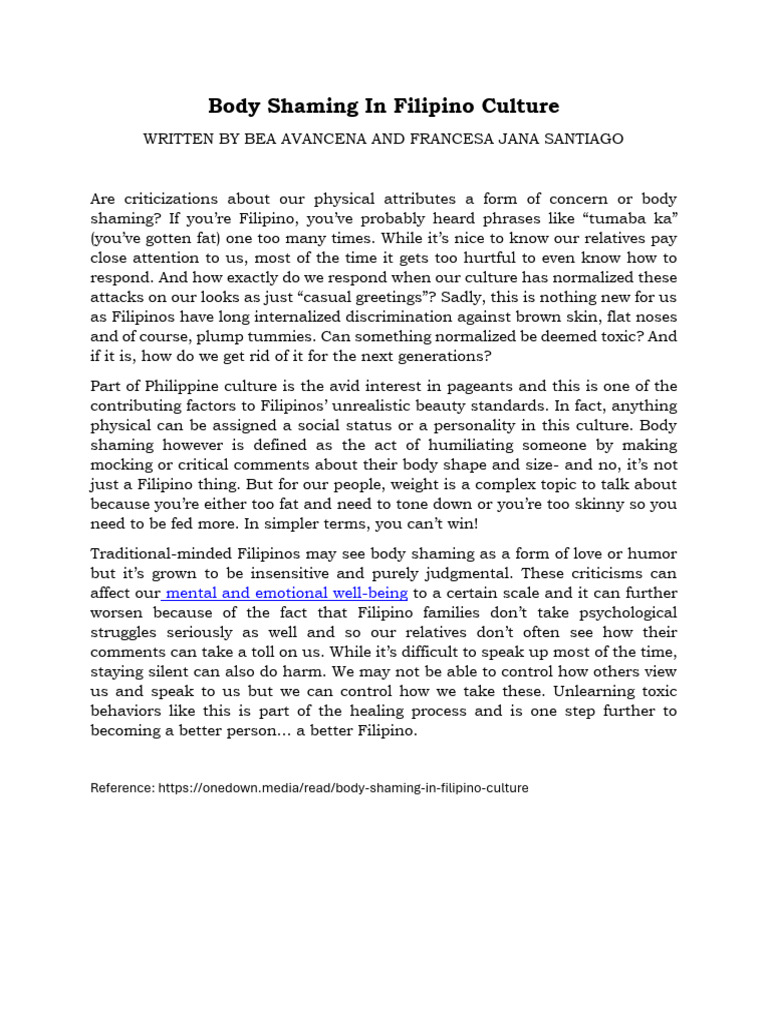 Body Shaming in Filipino Culture | PDF | Self-Improvement