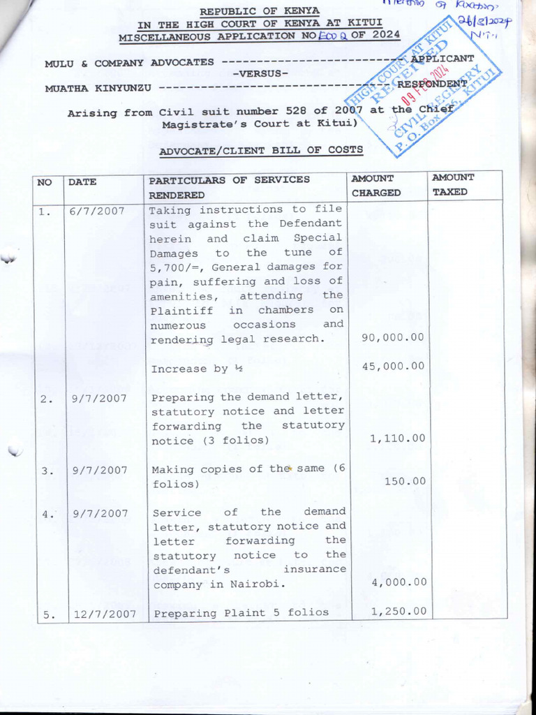 HC, Misc Appl. No. 2 of 2024 - Advocate Clients Bill of Costs and List ...
