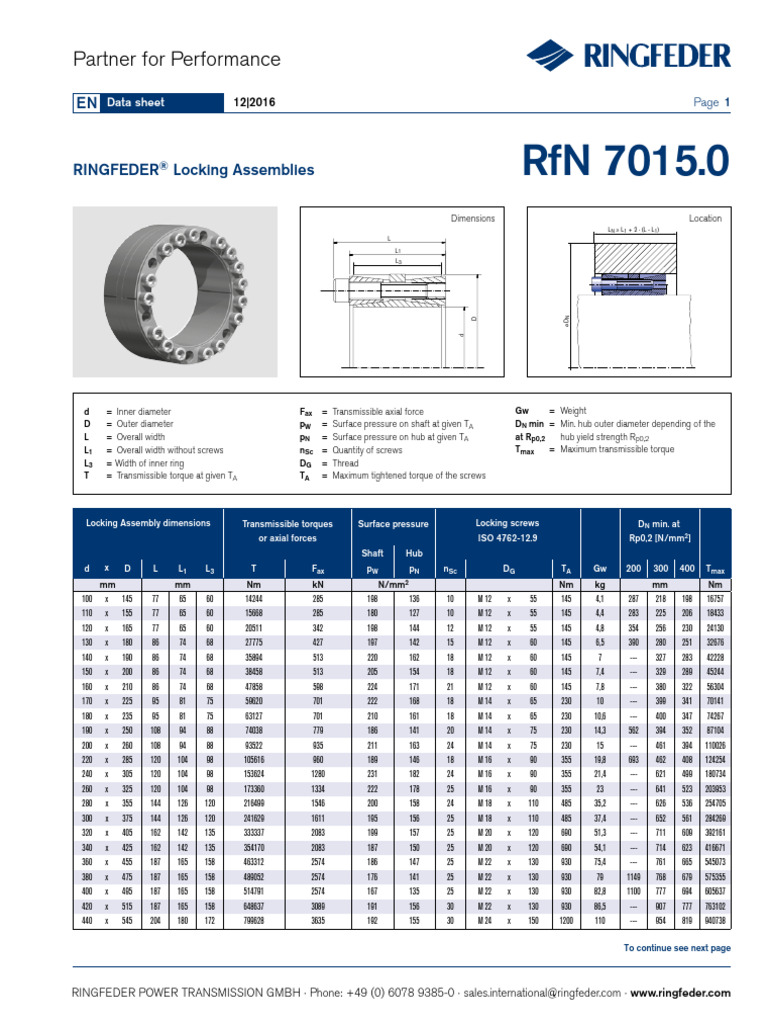 RPT RINGFEDER Locking Assembly RfN7015 0 EN | PDF | Screw | Mechanical ...