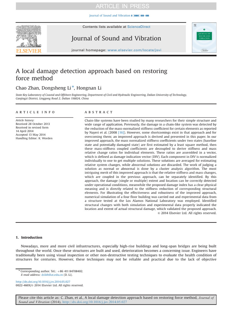 A Local Damage Detection Approach Based On Restoring Force Method | PDF