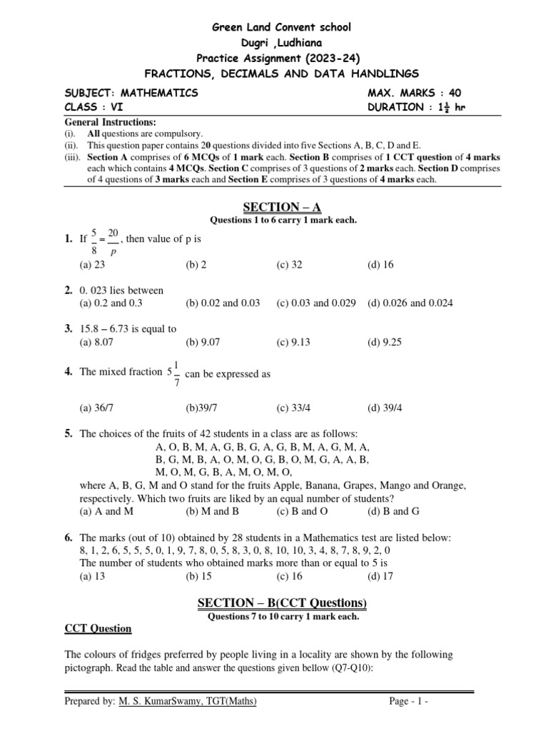 Maths Class VI Practice Test 04 Fractions Decimals and Data Handlings 1 ...