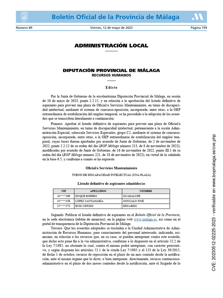 Bop 89. 12-05-2023 Listado Definitivo Oficial Servicios Mantenimiento | PDF