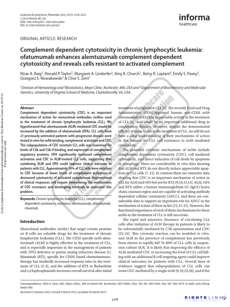 Complement Dependent Cytotoxicity in Chronic Lymphocytic Leukemia | PDF