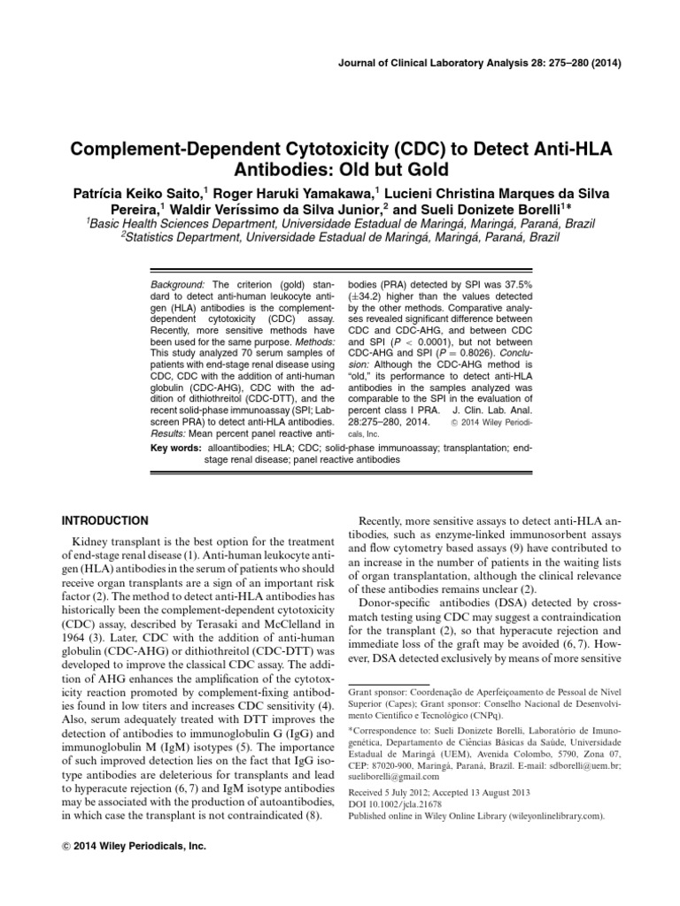Complement-Dependent Cytotoxicity (CDC) To Detect Anti-HLA Antibodies ...